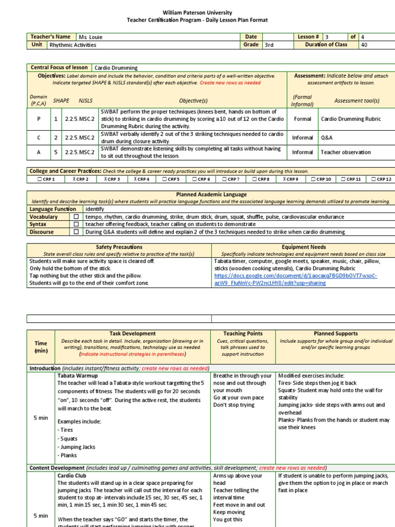 Cardio Drumming Lesson Plan | PDF | Rubric (Academic) | Teachers