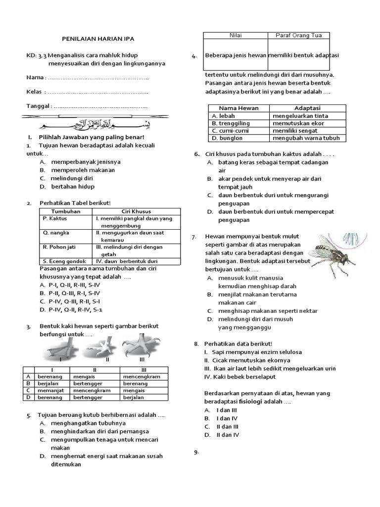 UH IPA Tema 2 Adaptasi 2122 | PDF