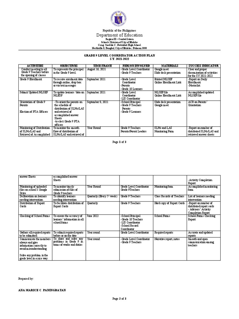 Action Plan Grade 9 Level Coordinator | PDF | Information Technology ...