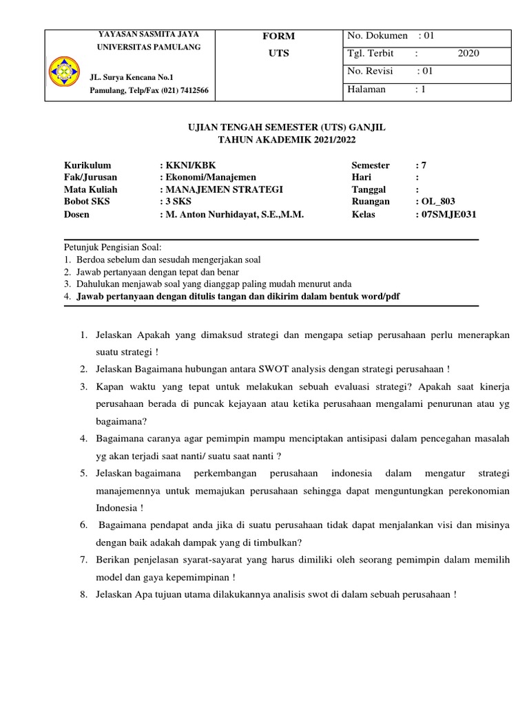 Soal Uts Manajemen Strategi.07smje031 | PDF