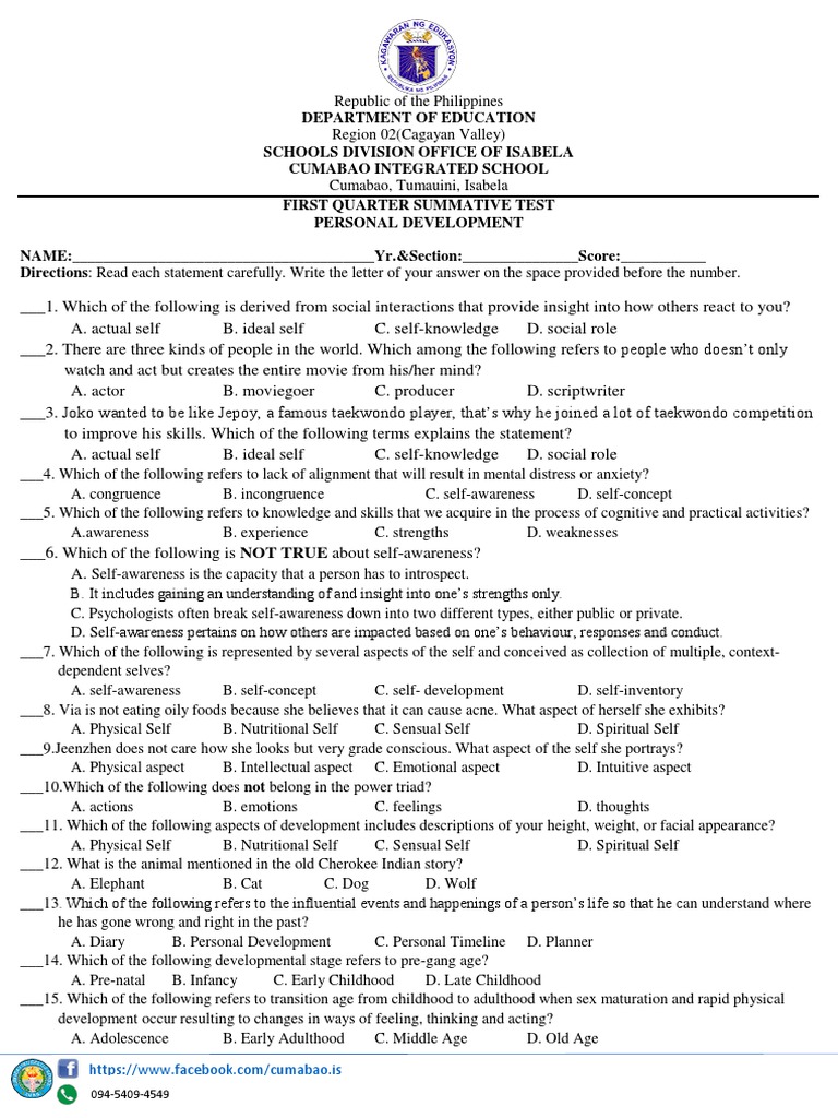Philippines school division 1st quarter personal development test | PDF ...