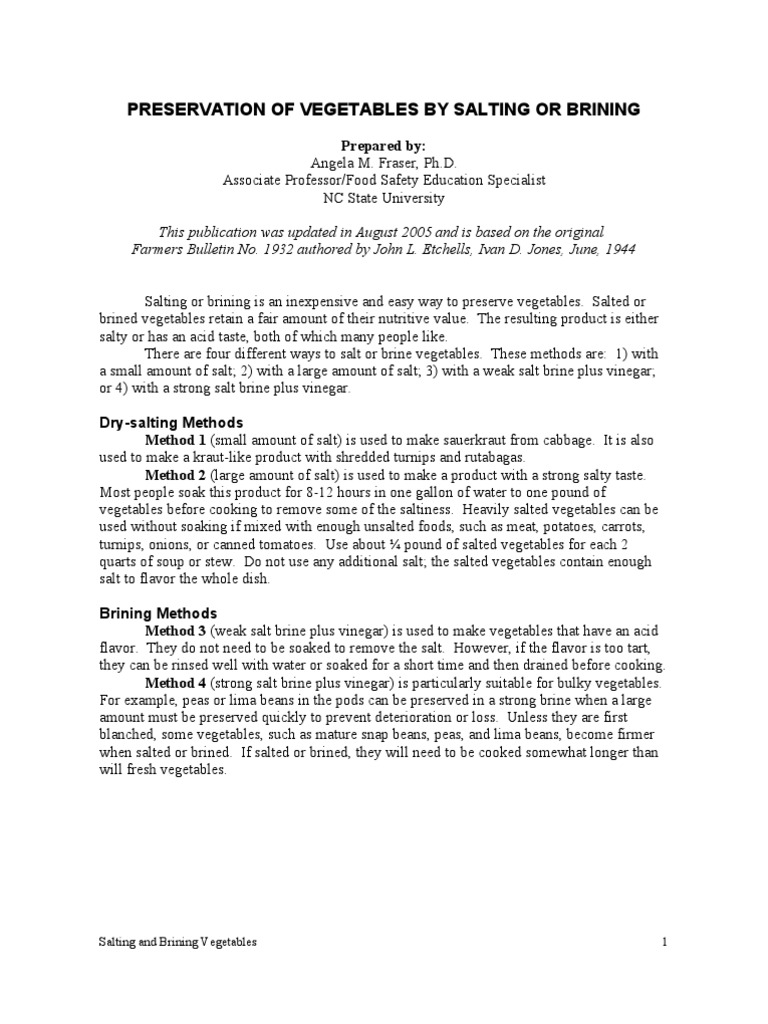 Preservation of Vegetables by Salting or Brining | Download Free PDF ...
