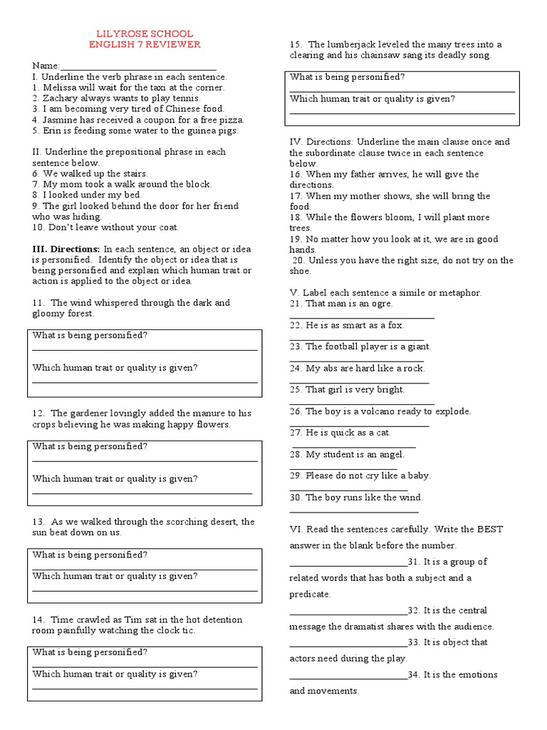 Lilyrose School English 7 Reviewer: III. Directions: in Each Sentence ...