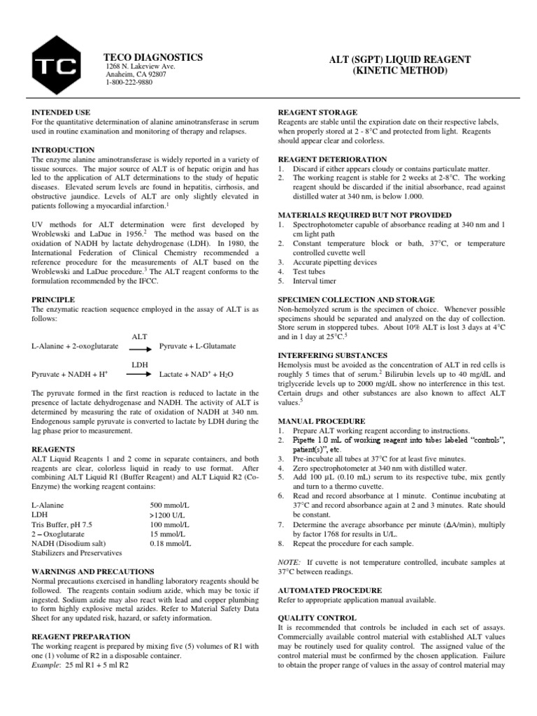 Teco Diagnostics: Alt (SGPT) Liquid Reagent (Kinetic Method) | PDF ...