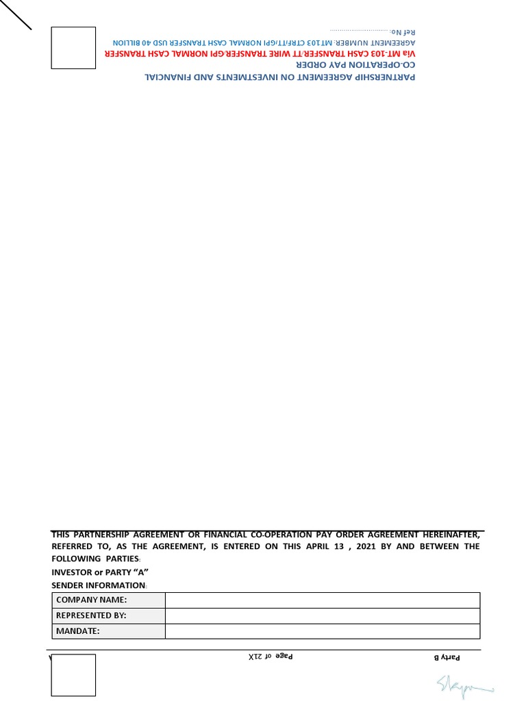 MT-103 Cash Transfer Partnership Agreement | PDF | Wire Transfer ...