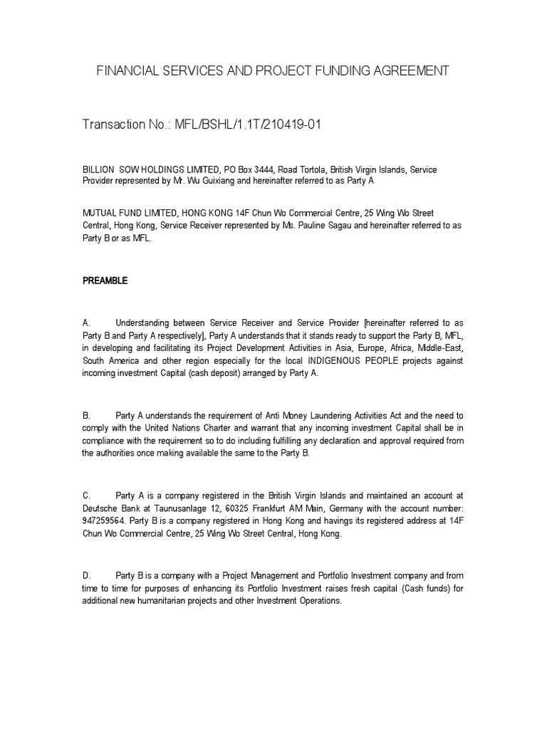 Financial Services and Project Funding Agreement | PDF | Investing ...