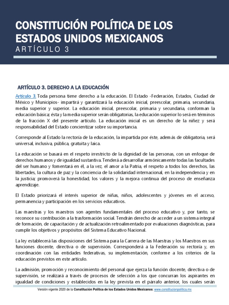 Artículo 3: Derecho a la Educación en México | PDF | Educación de la ...