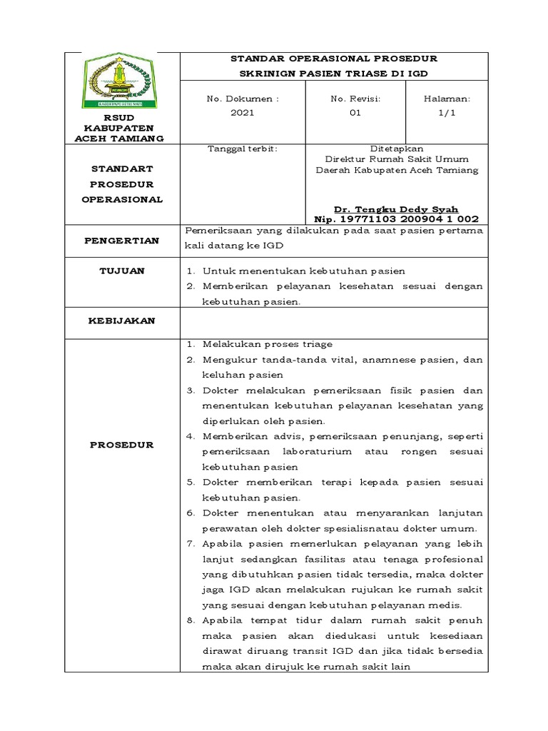 SOP Skrining Pasien Triage DI Igd | PDF