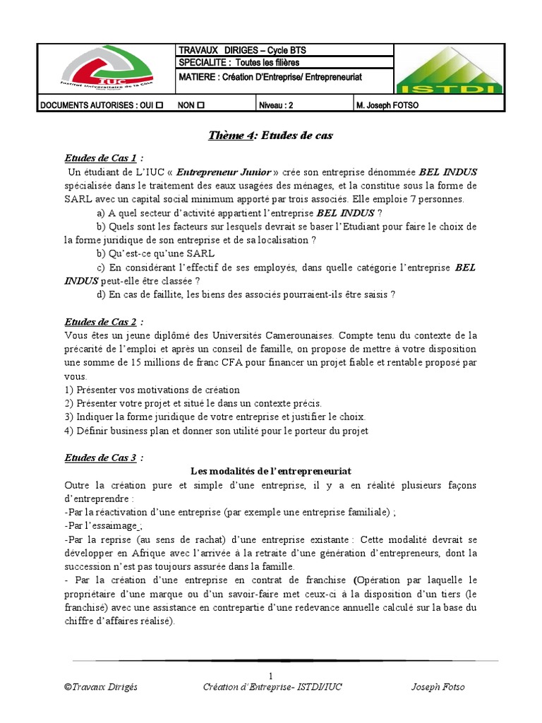 TD Création Entreprise BTS Théme 4 ISTDI 2022 | PDF | Prêts ...