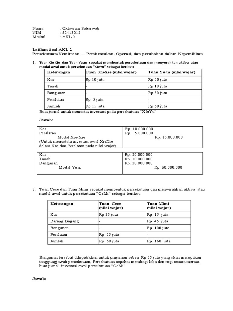 Latihan Soal AKL 2 - Persekutuan | PDF