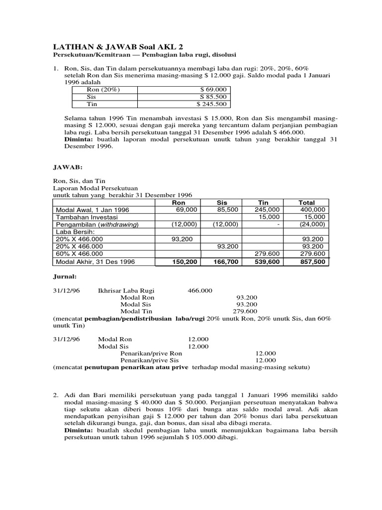 JAWAB Latihan Soal AKL 2 - Persekutuan Pembagian Laba Rugi, Disolusi - Compressed | PDF