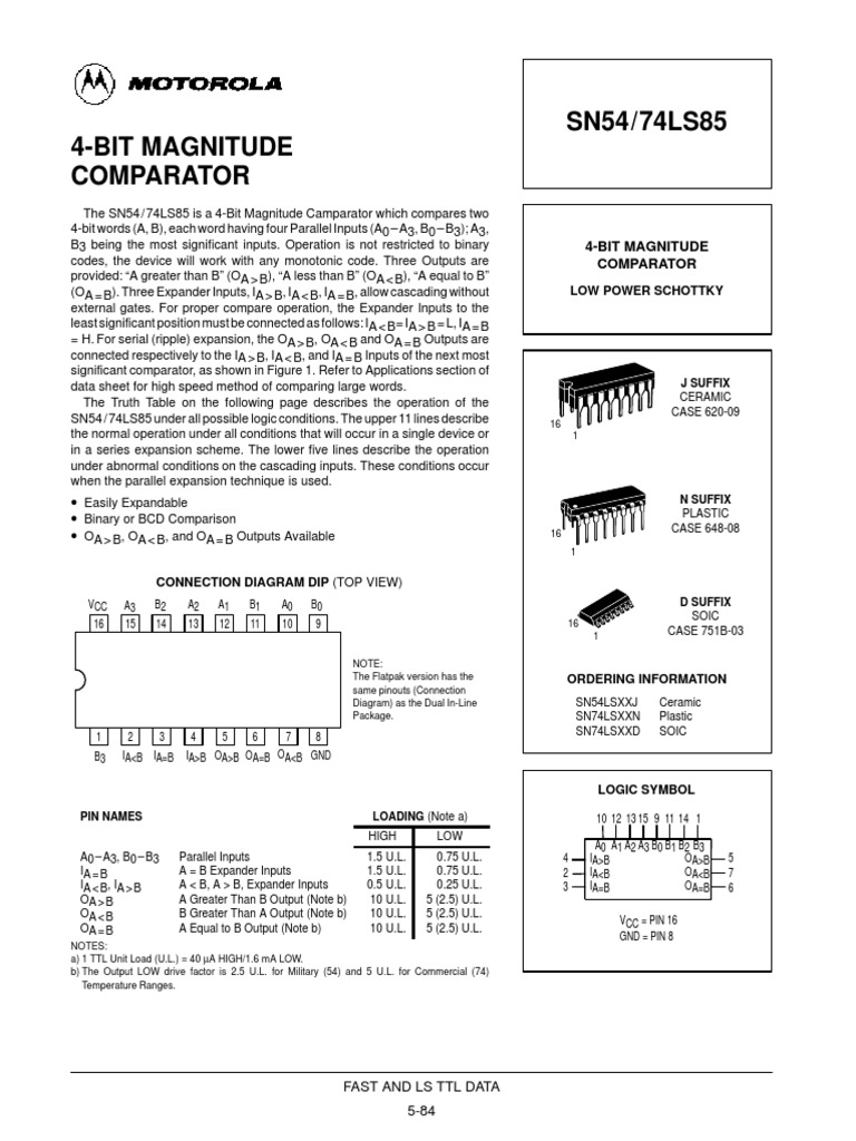 4-Bit Magnitude Comparator SN54/74LS85: Low Power Schottky | PDF ...