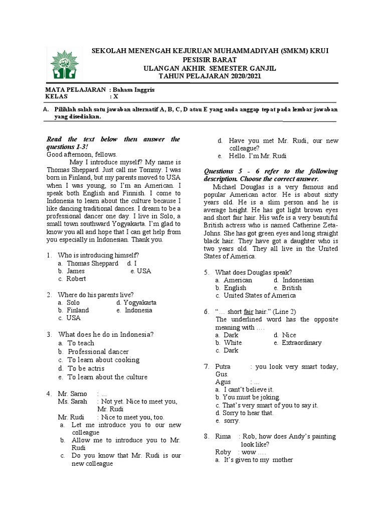 Soal UTS Bhs Inggris Kls X TP. 2020-2021 | PDF | Snake