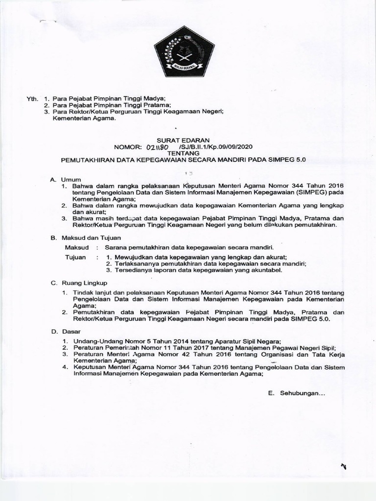 Surat Edaran PLT - Setjen Nomor 021180SJB - III - 1Kp - 09092020 Tentang Pemutakhiran Data ...