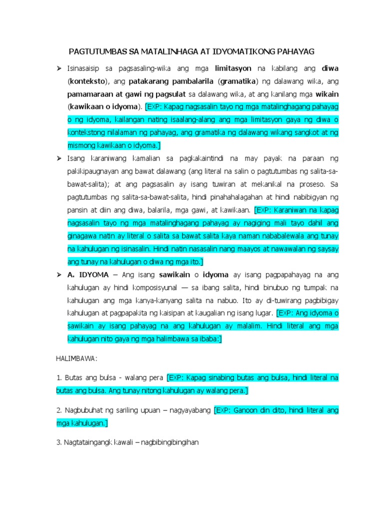 Pagtutumbas Sa Matalinhaga at Idyomatikong Pahayag | PDF