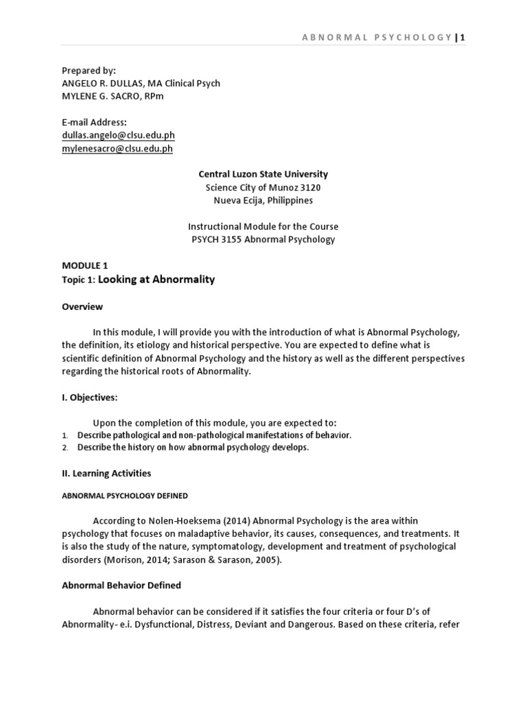 Introduction to Abnormal Psychology | PDF | Abnormal Psychology ...