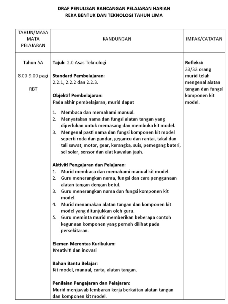 Contoh RPH Reka Bentuk Dan Teknologi Tahun 5 | PDF