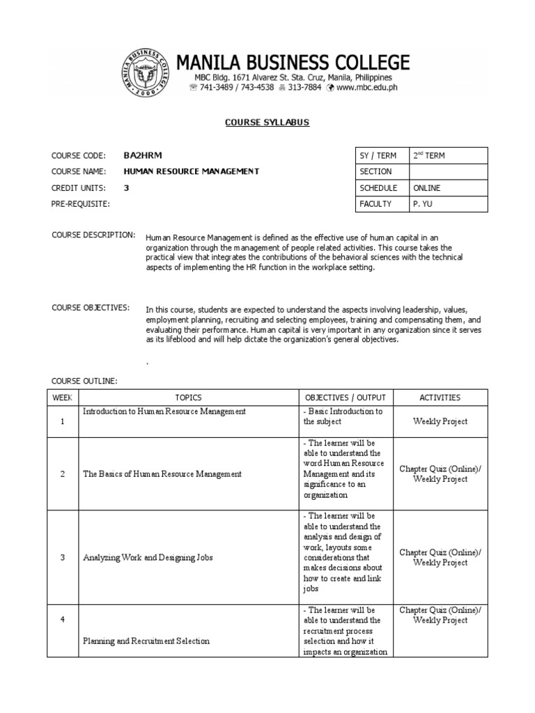 Course Syllabus: Human Resource Management 3 | PDF | Human Resource ...