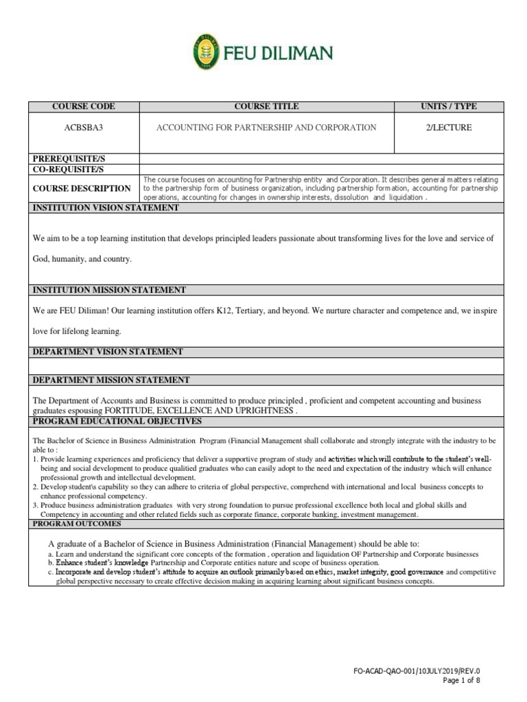 Accounting For Partnership and Corporation: Course Code Course Title ...