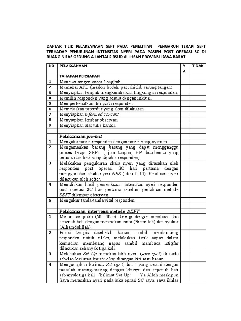 Daftar Tilik Seft Pada Penelitian Pengaruh Terapi Seft | PDF | Kesehatan Holistik