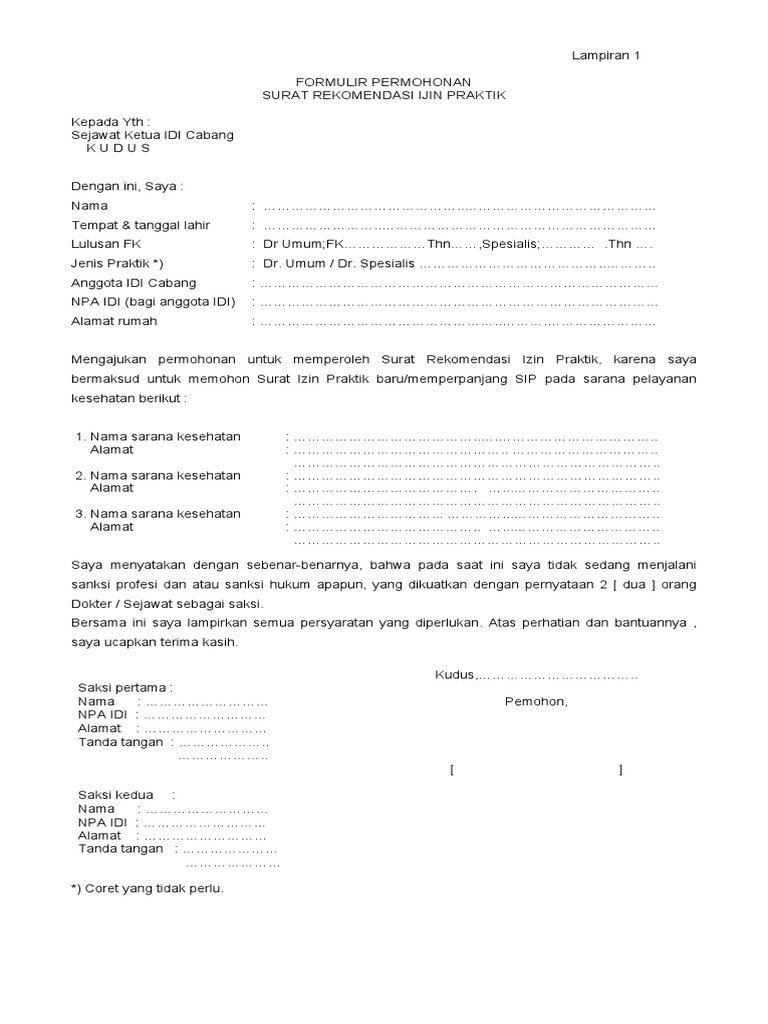 Formulir Permohonan Rekomendasi Ijin Praktik | PDF