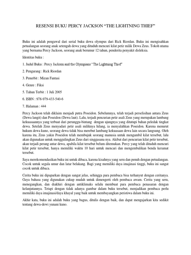 Resensi Buku Percy Jackson "The Lightning Thief" | PDF