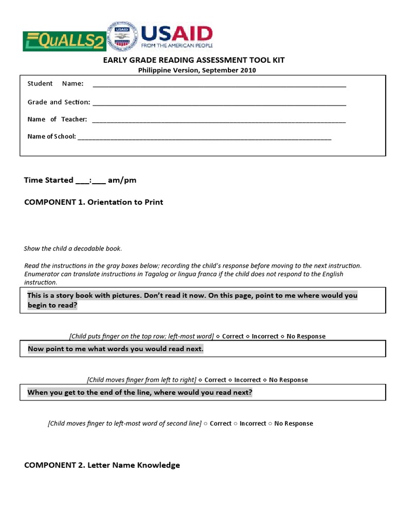 Early Grade Reading Assessment Tool Kit | PDF | Human Communication ...
