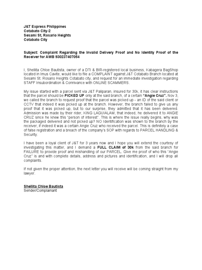 Complaint Regarding Invalid Delivery Proof and Lack of Receiver ...