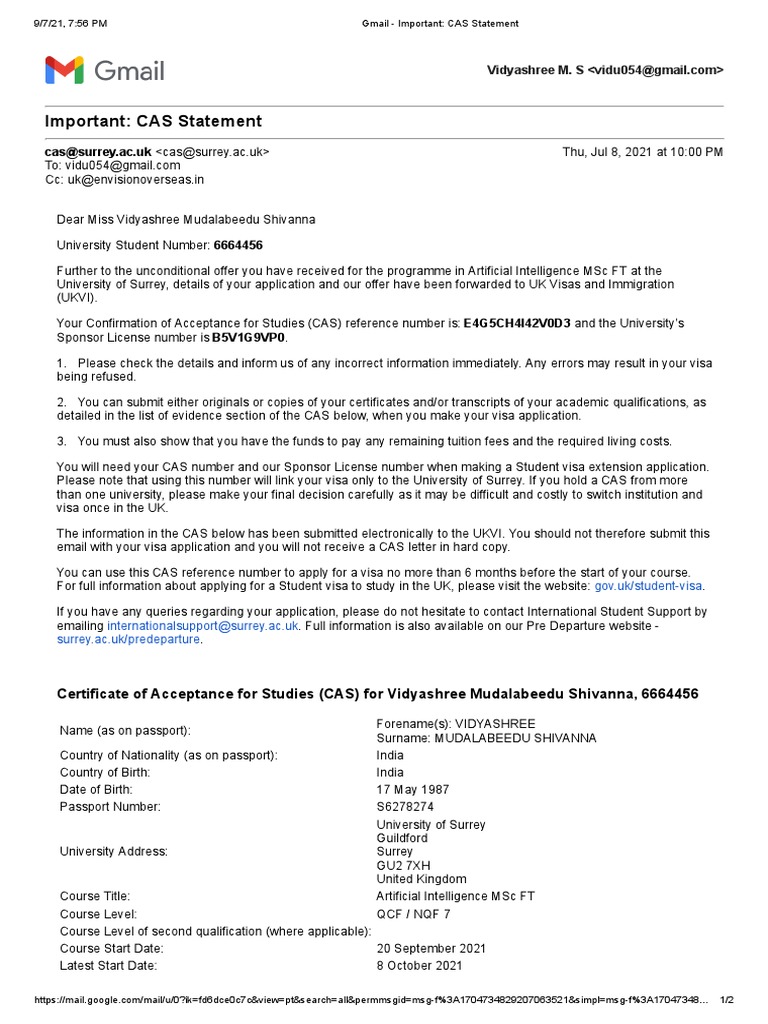 Important: CAS Statement: Cas@surrey - Ac.uk | PDF | Travel Visa ...