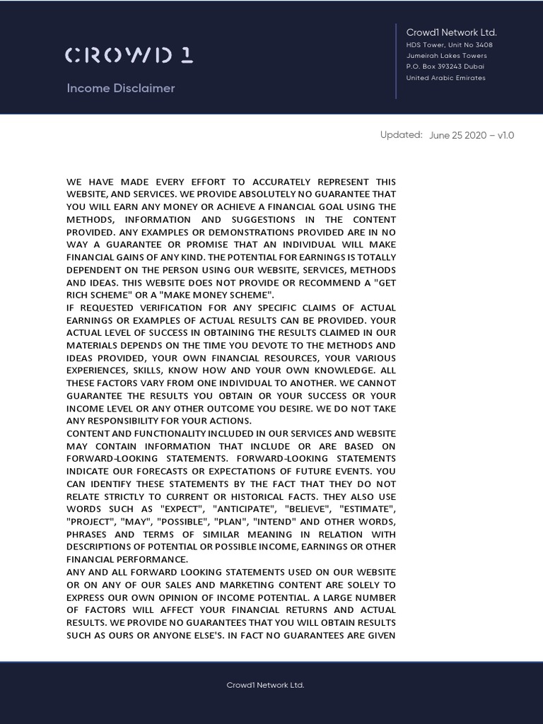 Crowd1 Income Disclaimer | PDF | Cognition