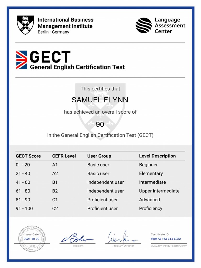 Samuel Flynn General English Certification Test Gect Gect International ...