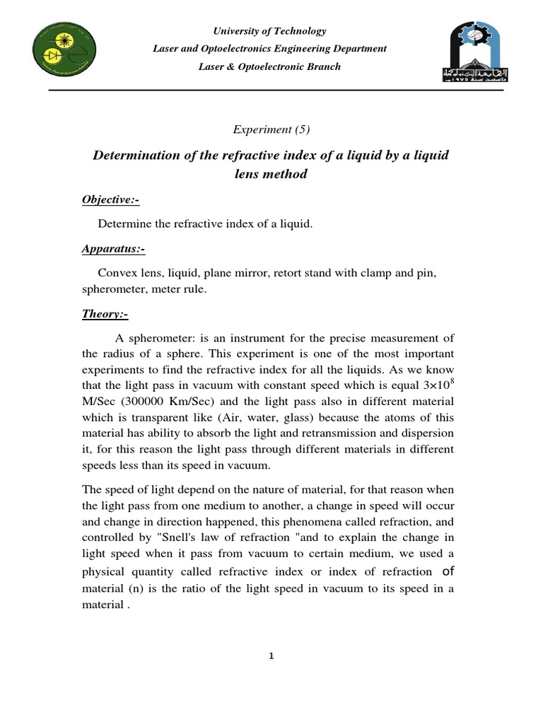 Determination The Refractive Index of A Liquid by A Liquid L | PDF ...