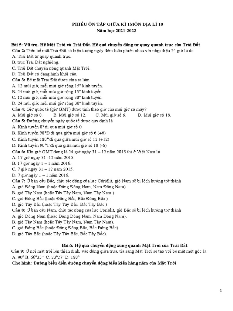 Phieu On Tap Giua Ki 1 Mon Dia Li | PDF