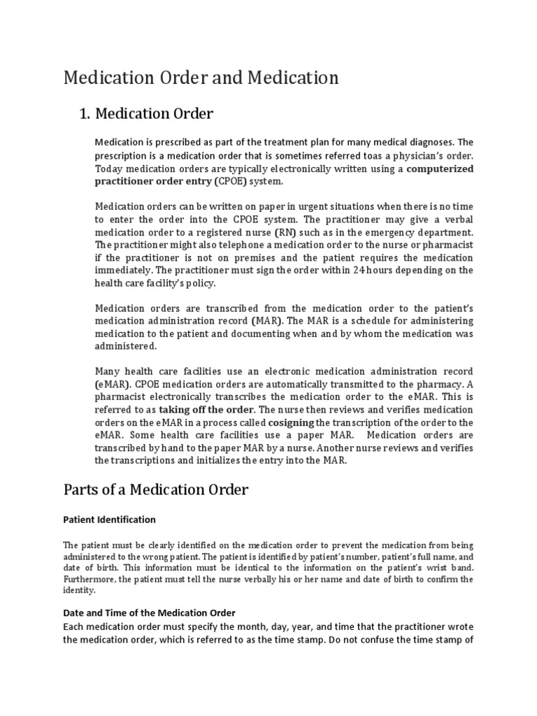 Medication Order Essentials | PDF | Generic Drug | Medical Prescription