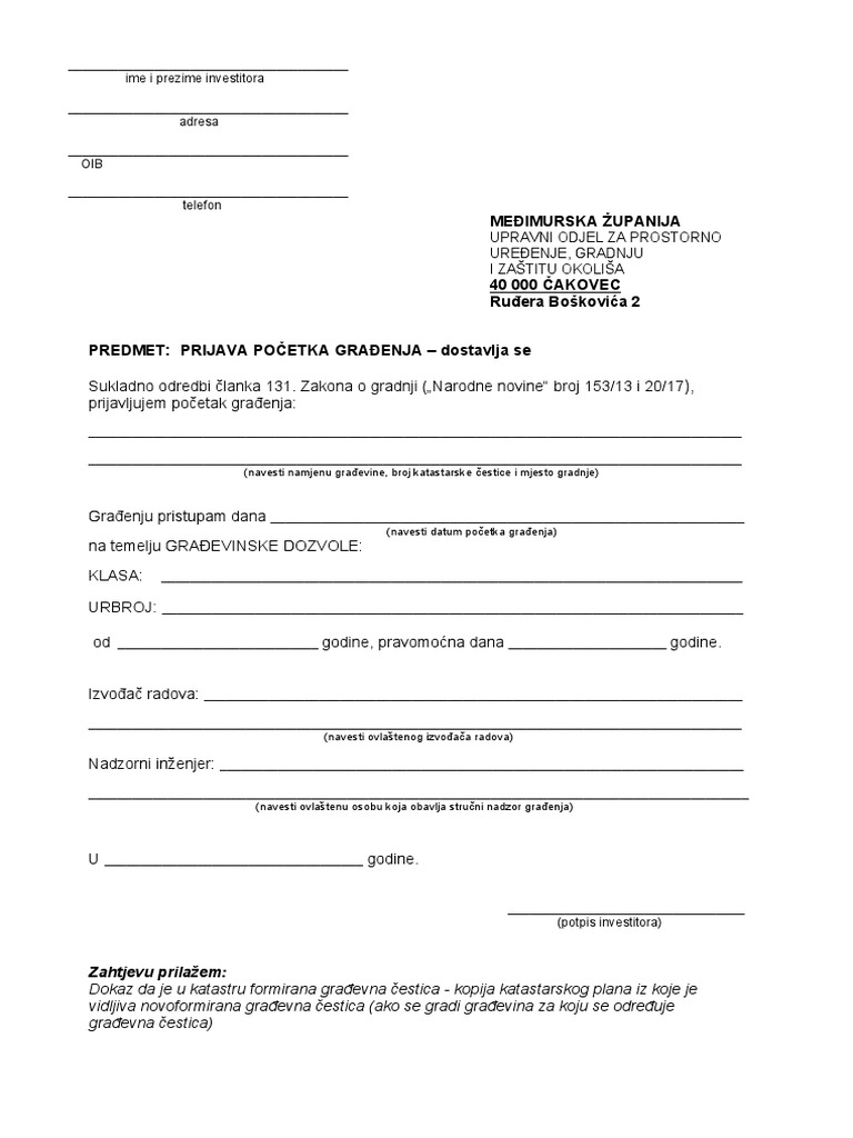 Prijava Početka Građenja Građevine | PDF
