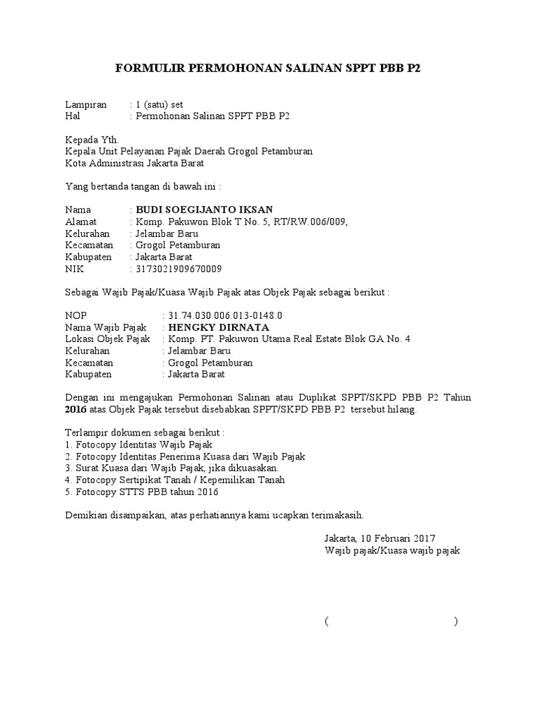Formulir Permohonan Salinan SPPT PBB P2 | PDF