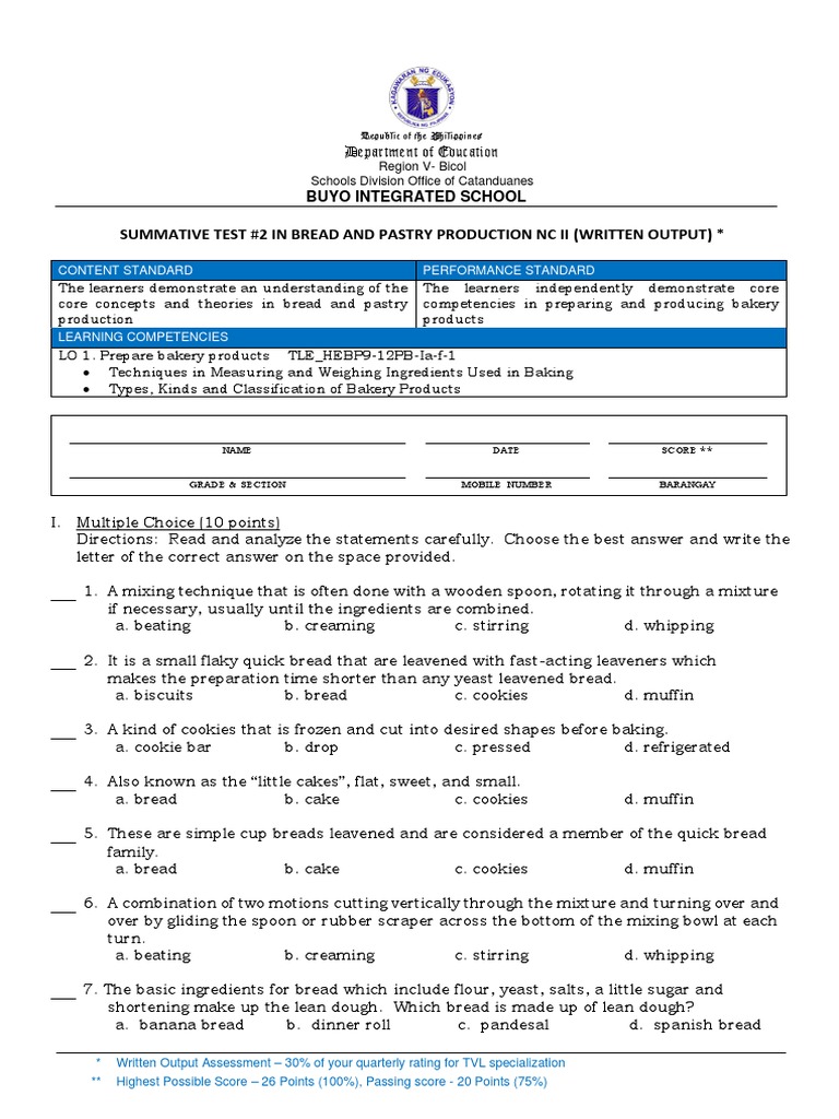 BPP Ncii - Summative 2 Written | PDF | Teaspoon | Breads