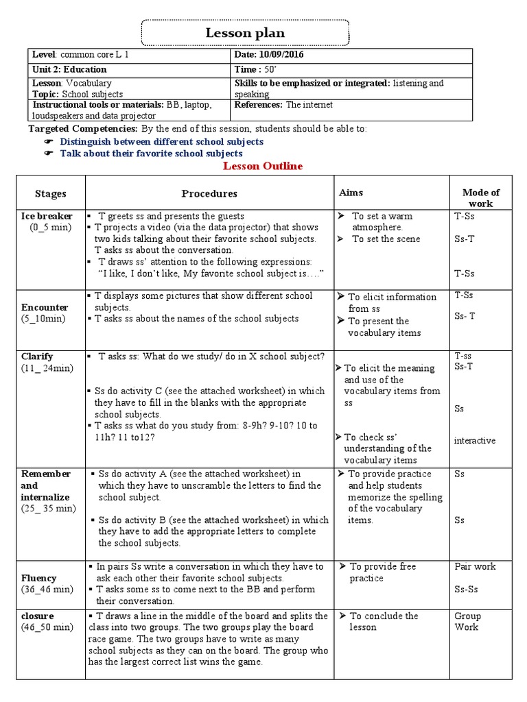 School Subjects Vocabulary Lesson Plan | PDF | Teaching | Pedagogy