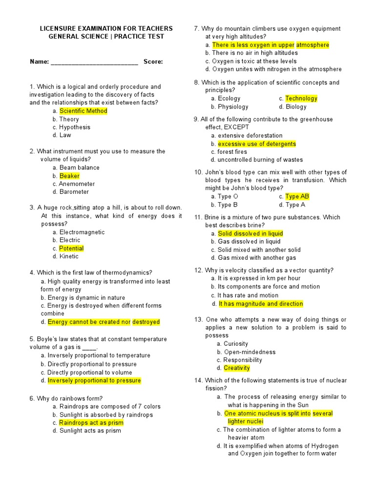 General Science Practice Test for Teachers | PDF | Water | Earth