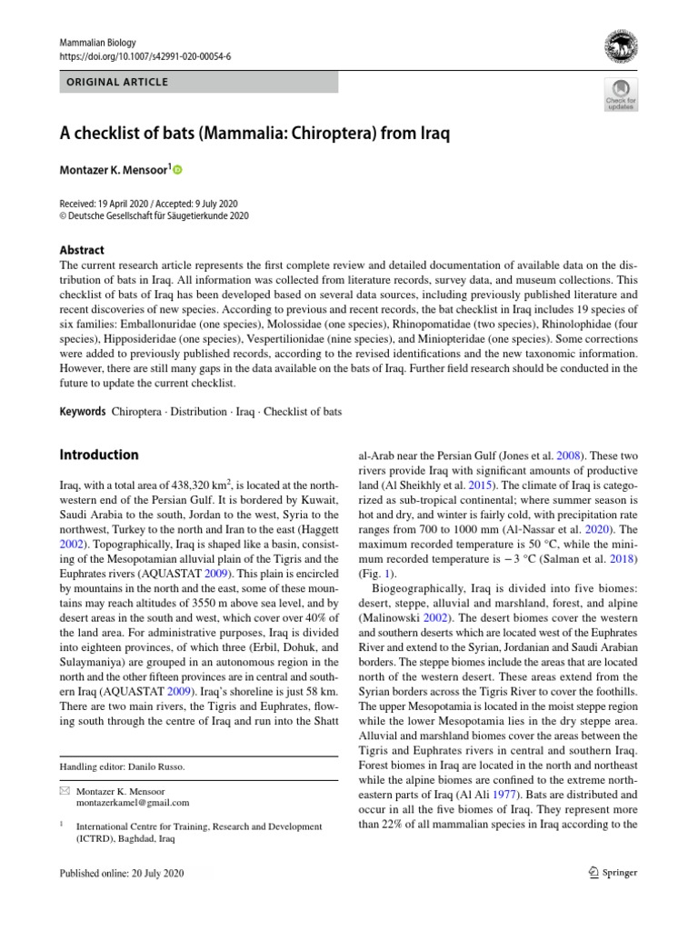 Checklist of Bats From Iraq-Mammalian Biology 2020 | PDF | Euphrates ...