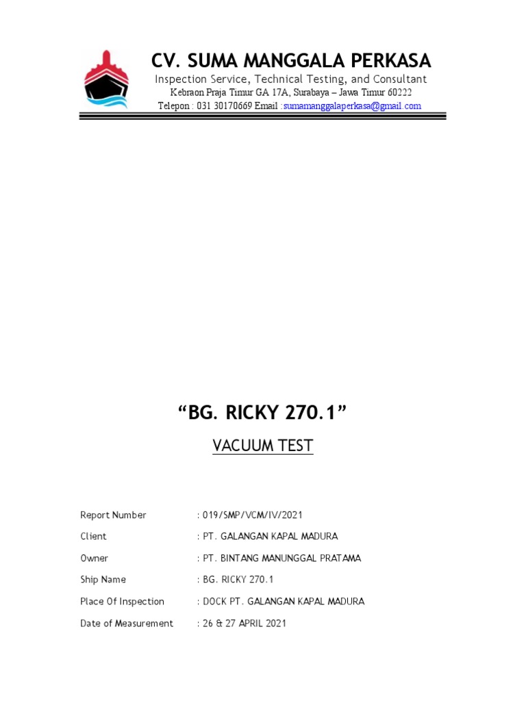 Report Vacuum Test Bg. Ricky 270.1 | PDF | Water Transport | Ships