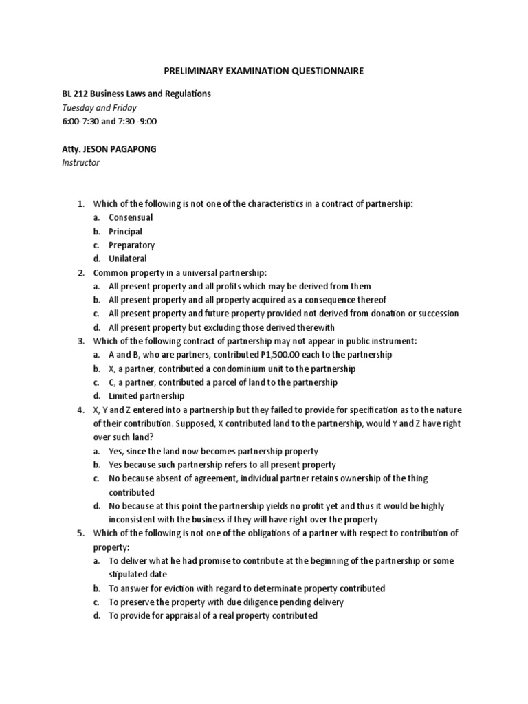 Preliminary Examination Questionnaire: Tuesday and Friday | PDF ...