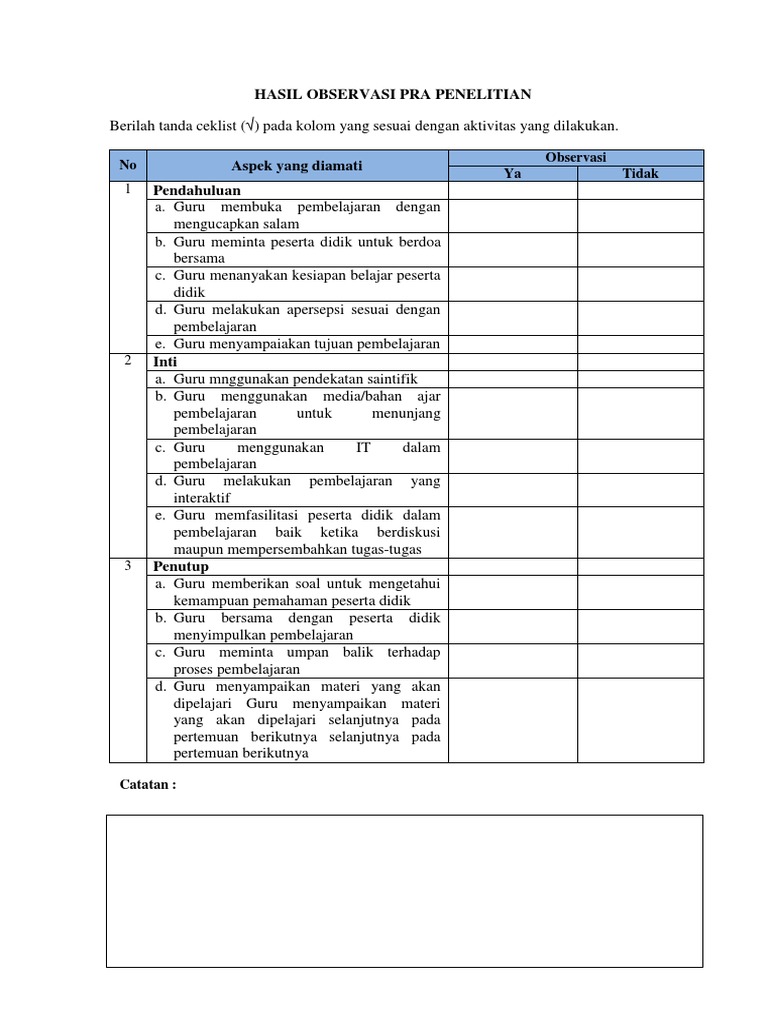 Hasil Observasi Pra Penelitian Pembelajaran | PDF