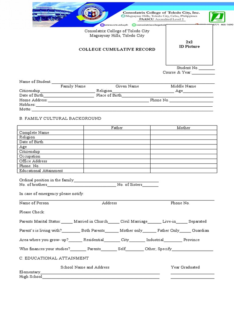 College Cumulative Record Form | PDF | Career & Growth | Business