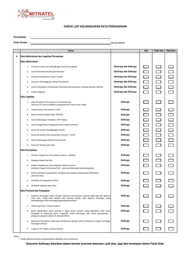 Checklist Dokumen Vendor Mitratel | PDF | Bisnis | Pengelolaan Keuangan ...