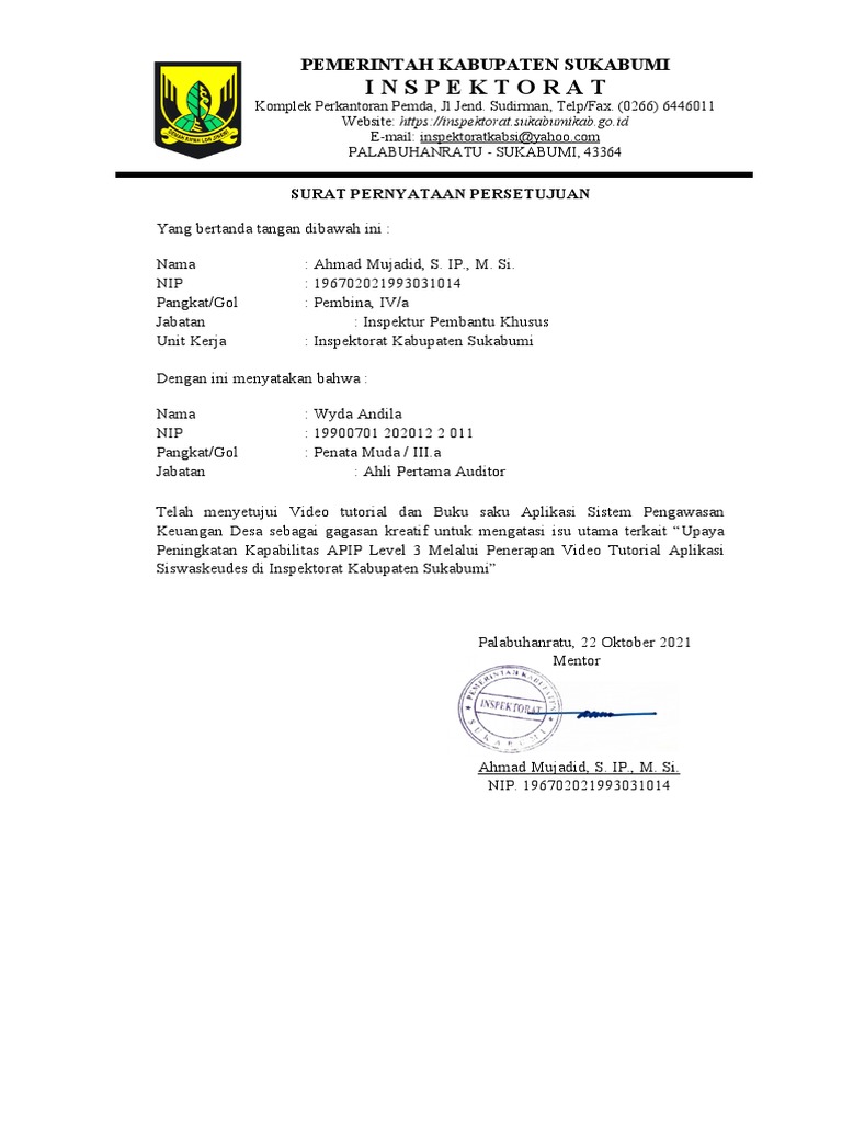 Surat Pernyataan Persetujuan Inspektorat | PDF