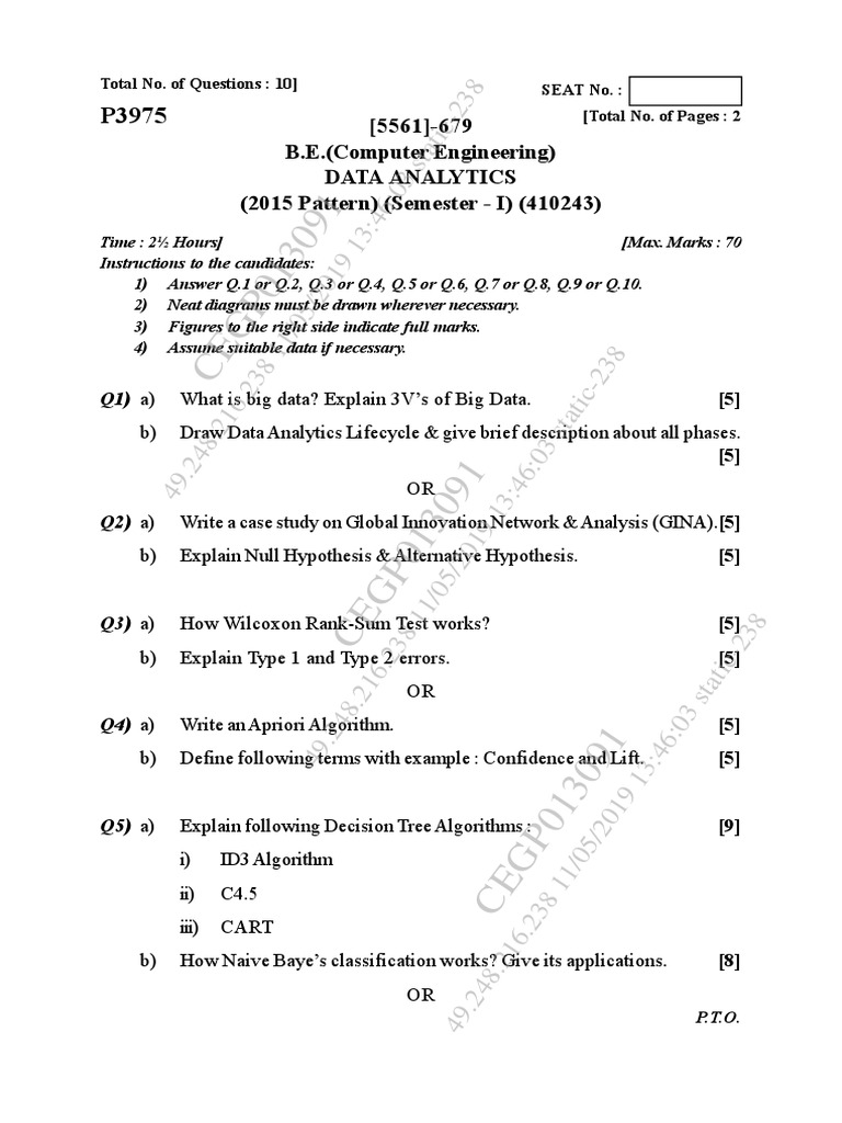 Data Analytics Question Paper | PDF | Data Analysis | Applied Mathematics