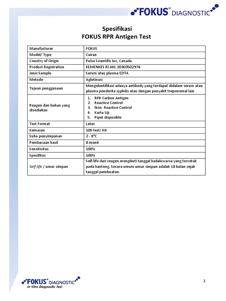 Spesifikasi FOKUS RPR Antigen Test | PDF | Kesehatan Holistik