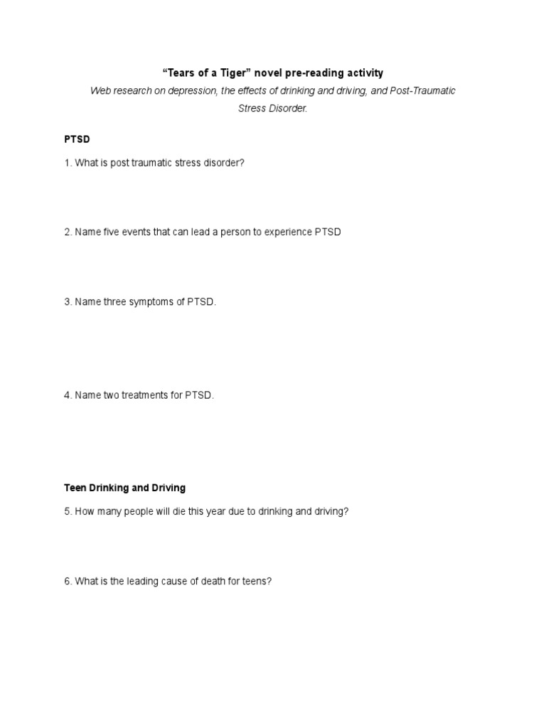 Pre-Reading Activity for "Tears of a Tiger" | PDF