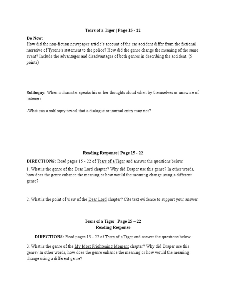 Analyzing Genres in Tears of a Tiger | PDF